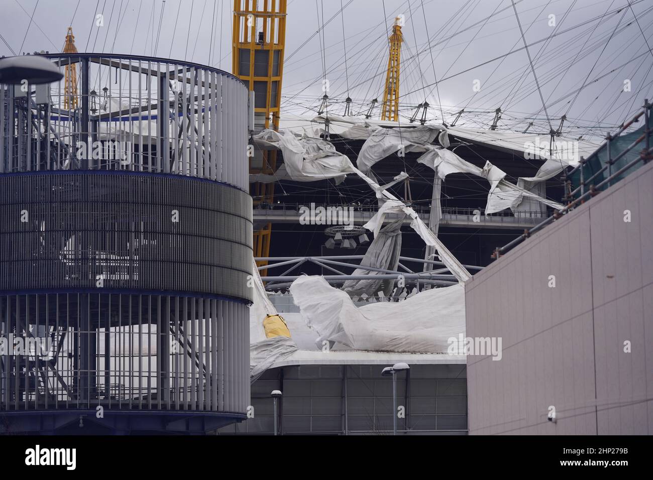 Damage to the roof of the O2 Arena, in south east London, caused by ...