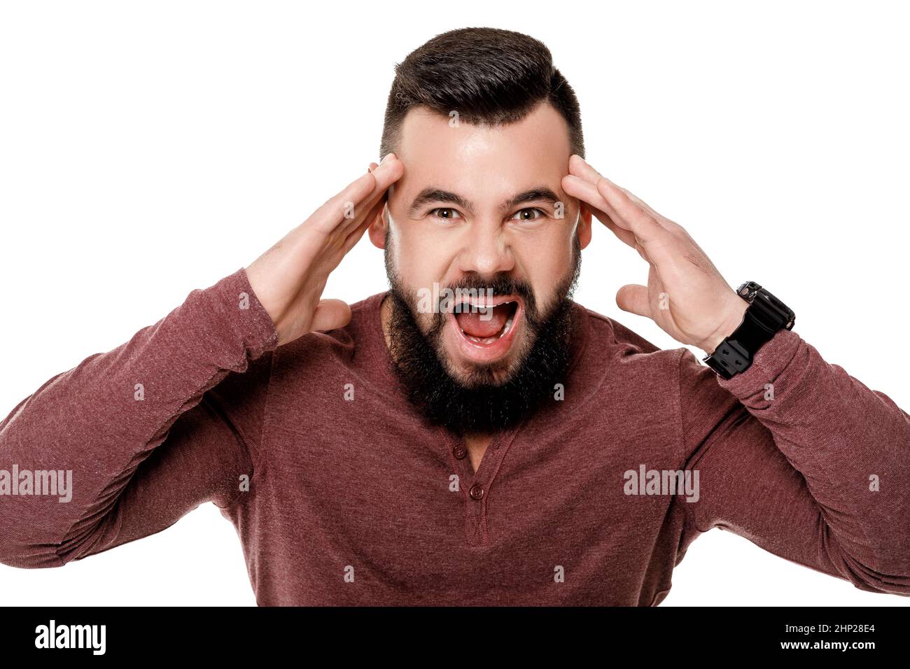 angry bearded man screaming on white background Stock Photo - Alamy