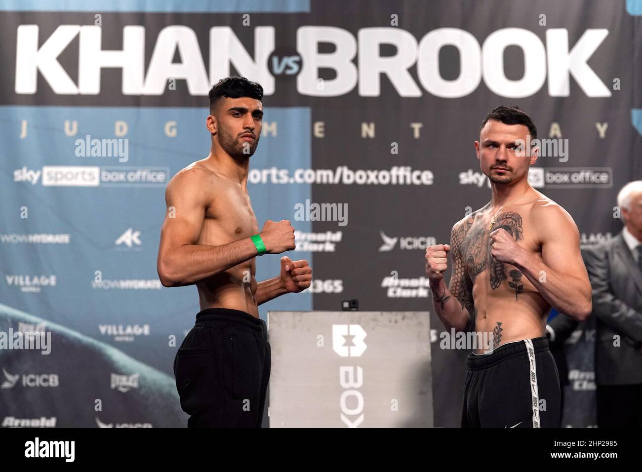Adam Azim (left) and Jordan Ellison during the weigh in at the Exchange ...