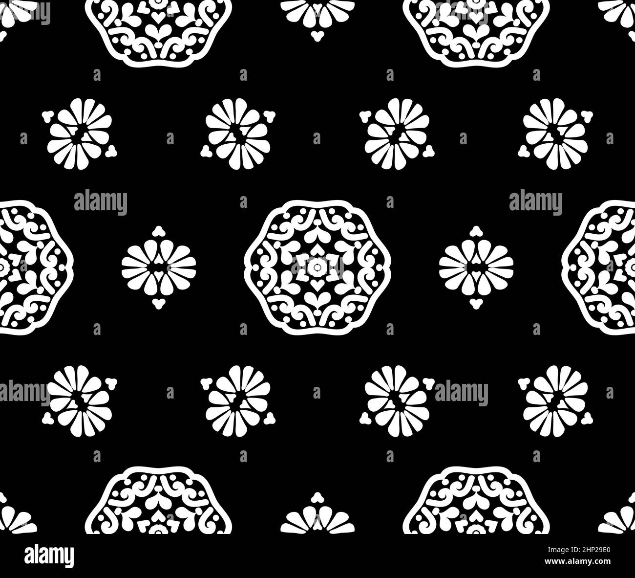 Floral seamless vector pattern. Black and white round patterns on a ...
