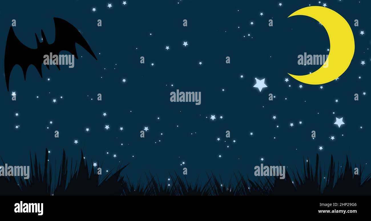 Composition of bat icon over sky with moon and stars Stock Photo - Alamy