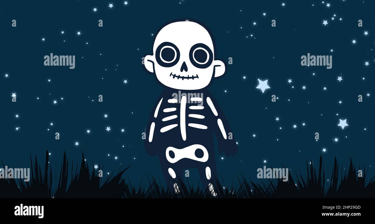 Composition of skeleton icon over sky with stars Stock Photo - Alamy