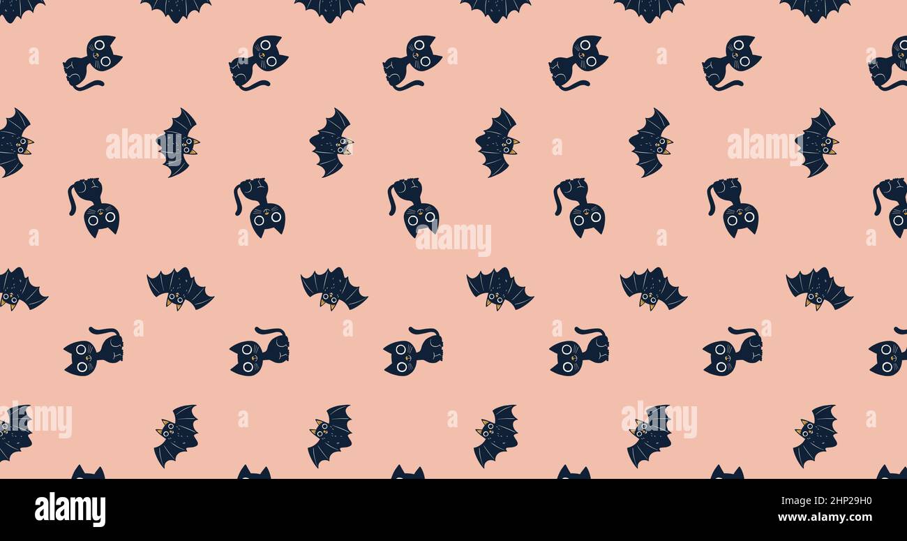 Composition of bat and cat icons repeated on orange background Stock ...