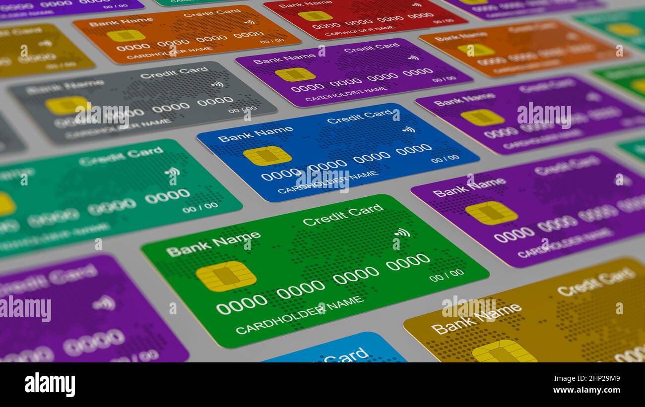 top view of a grid of colorful credit cards (3d render Stock Photo - Alamy