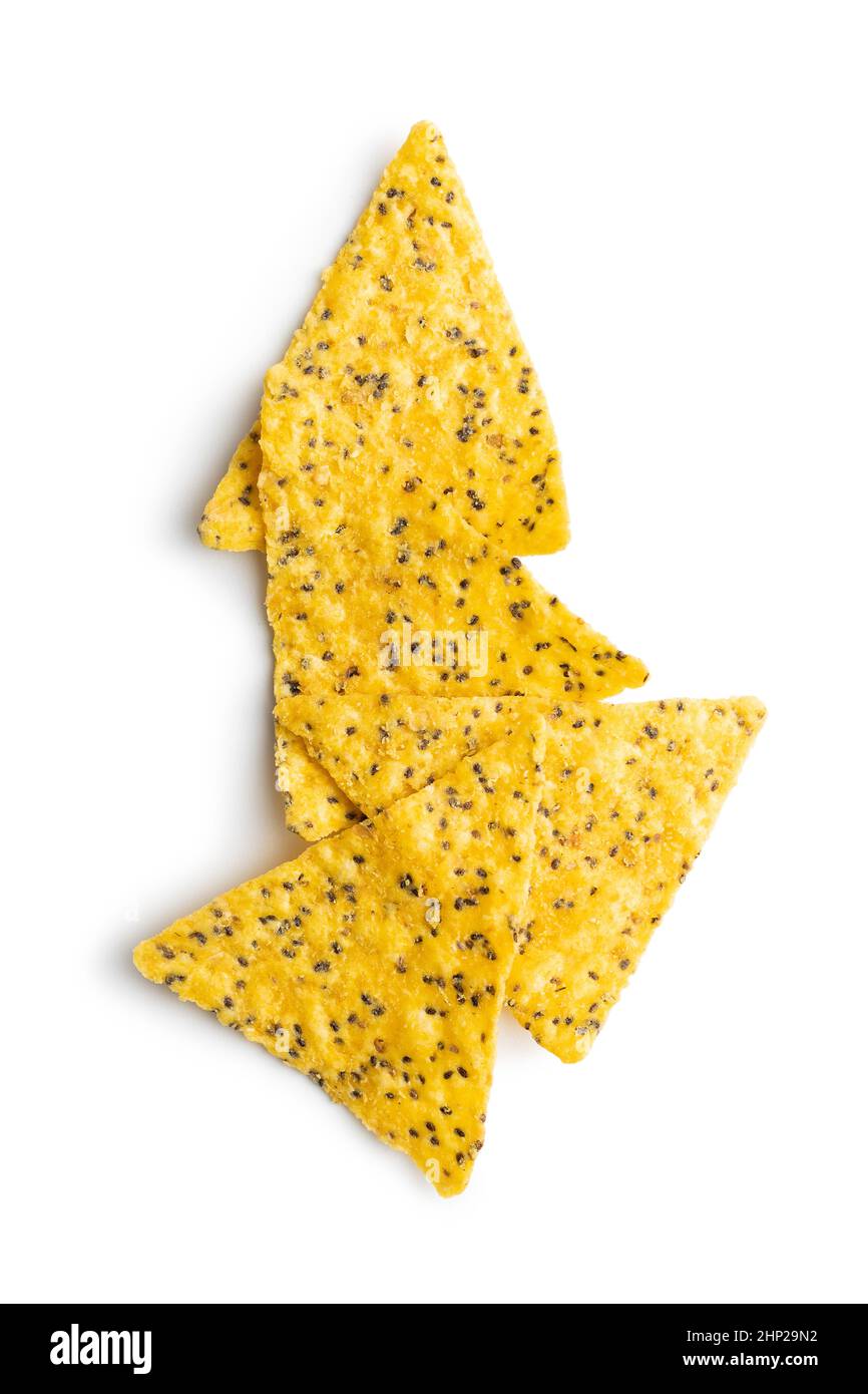 Salted tortilla chips triangle with chia seeds isolated on white ...