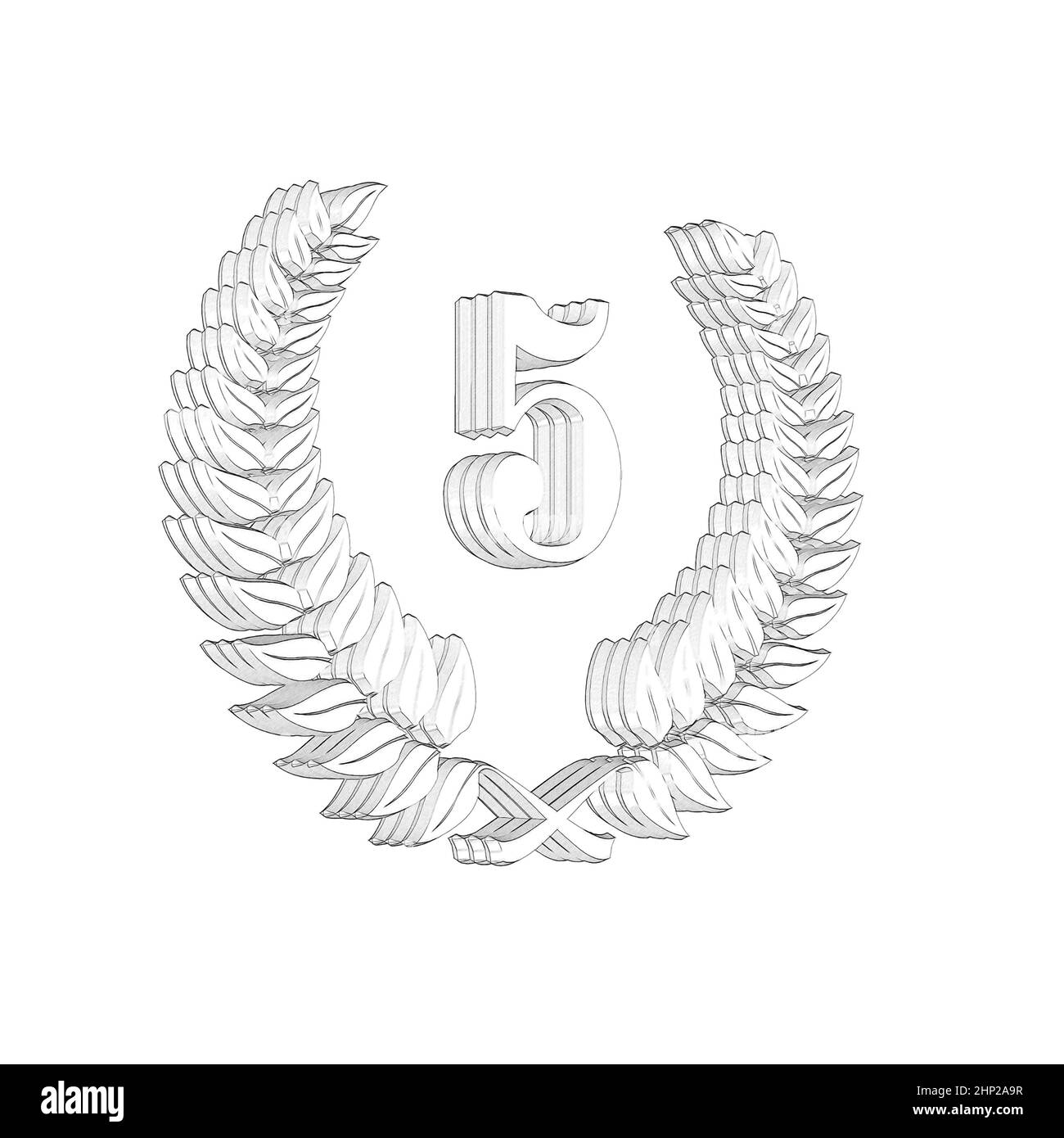 Number 5 with laurel wreath or honor wreath as a 3D-illustration, 3D ...