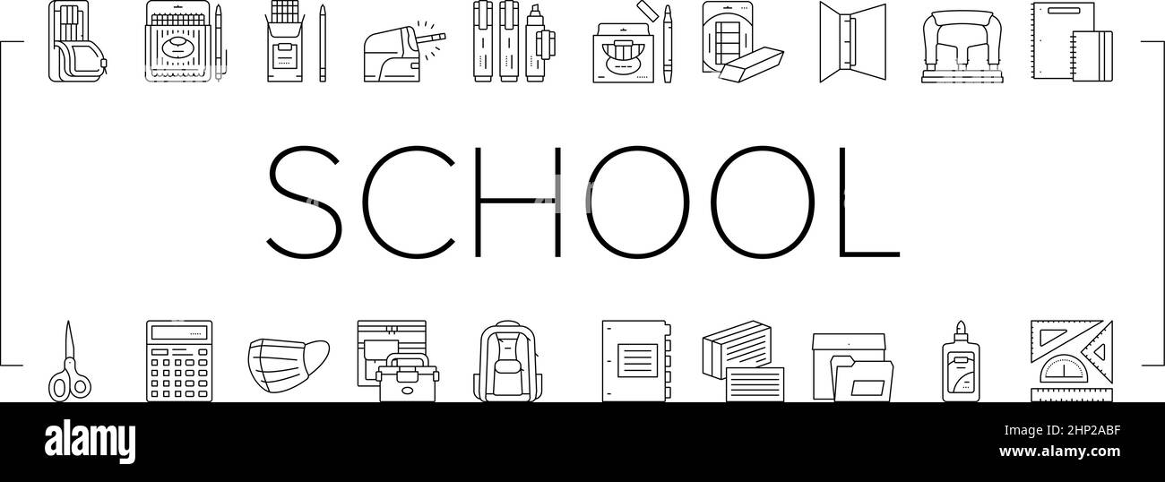 School Supplies Stationery Tools Icons Set Vector Stock Vector Image ...