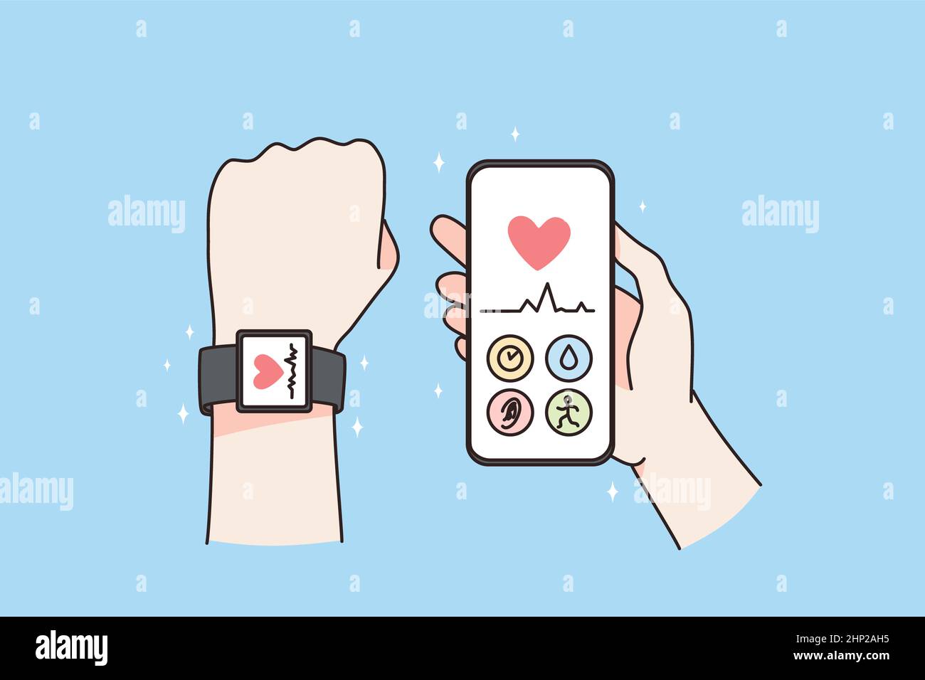 Person with tracker device on hand wrist use application on smartphone ...