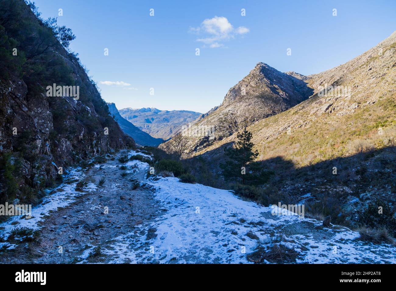 Winter landscape with snow in mountains of Serra do Geres natural park ...