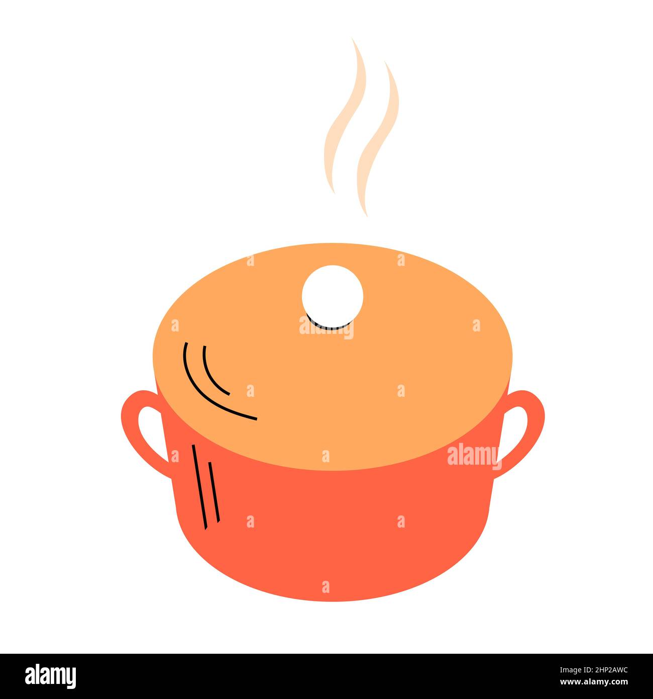 Kitchen pans with hot lunch. Home cooking. Healthy delicious food. Flat ...