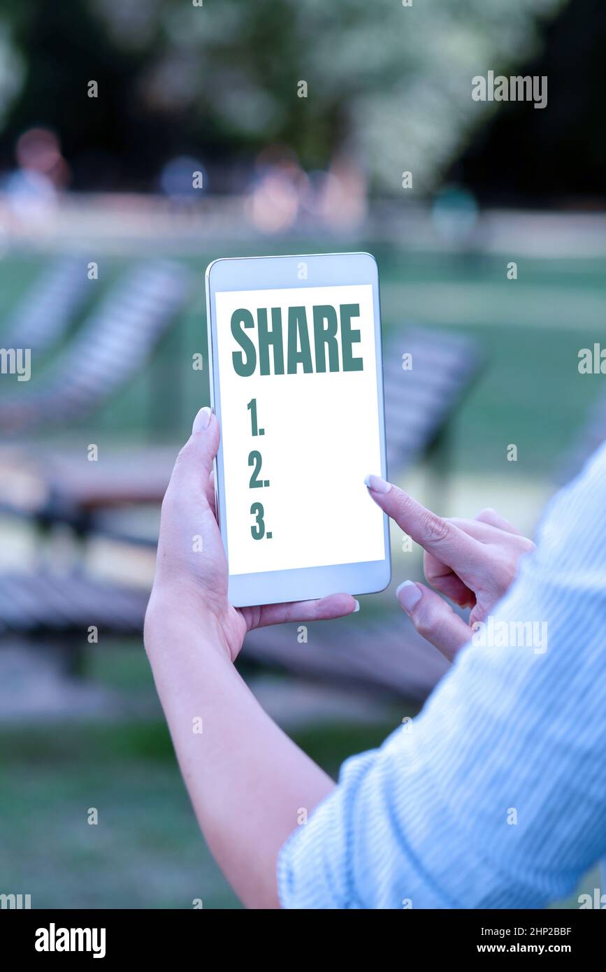 Conceptual caption Share, Word Written on the full or proper portion or ...