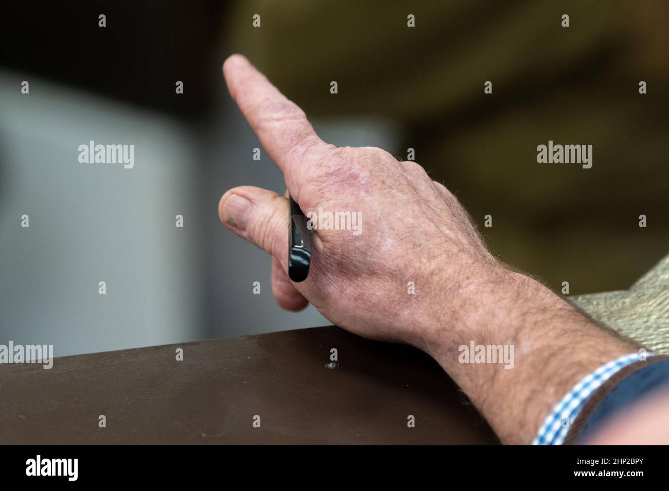 Farmer bidding, by raising a finger, at a livestock sale. Cumbria, UK ...