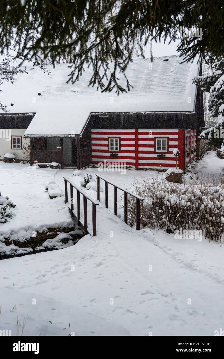 Old wooden log cottages, Orlicke Mountains, Eastern Bohemia, Czech ...