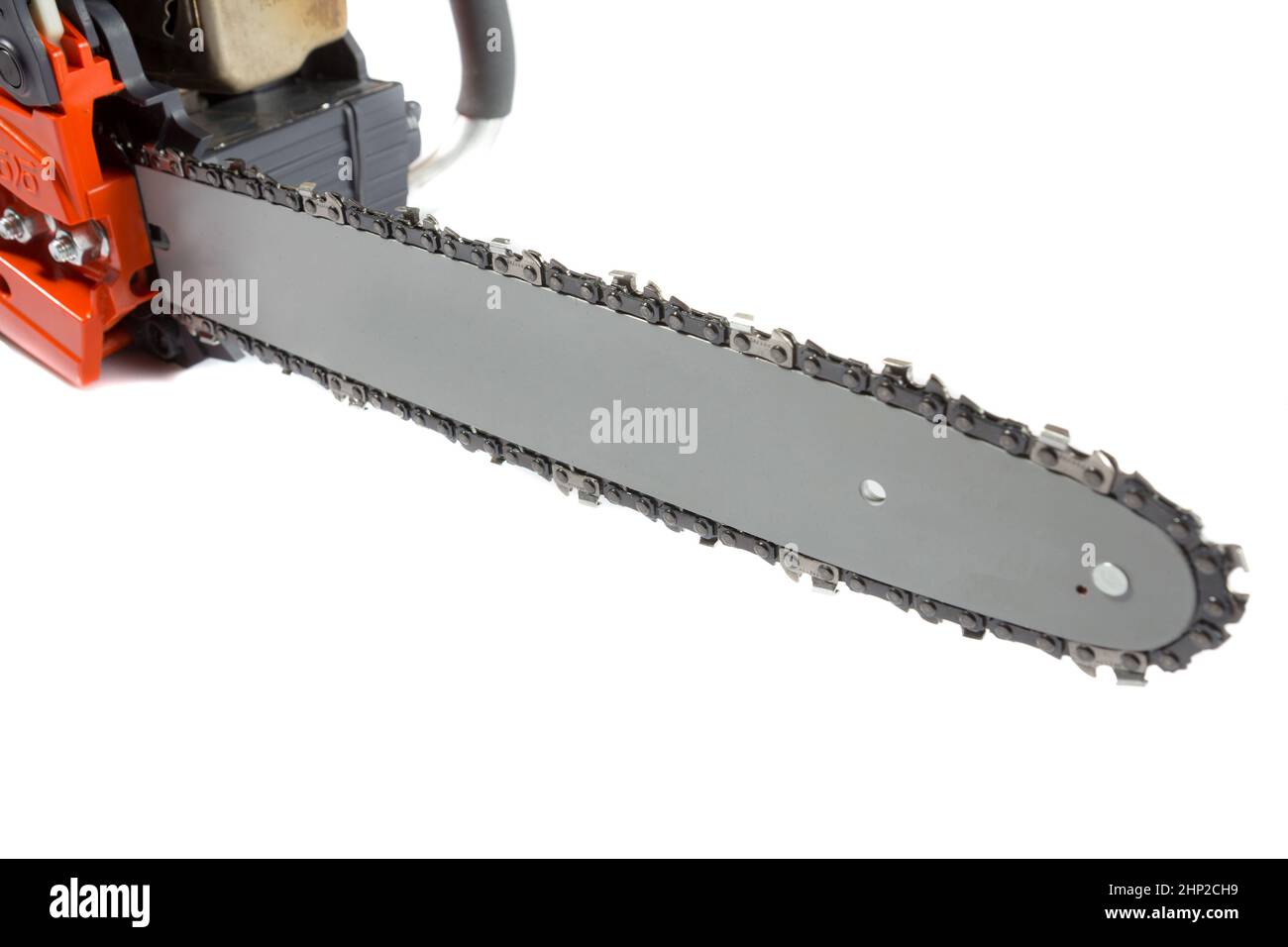 red new chainsaw on a white background Stock Photo - Alamy