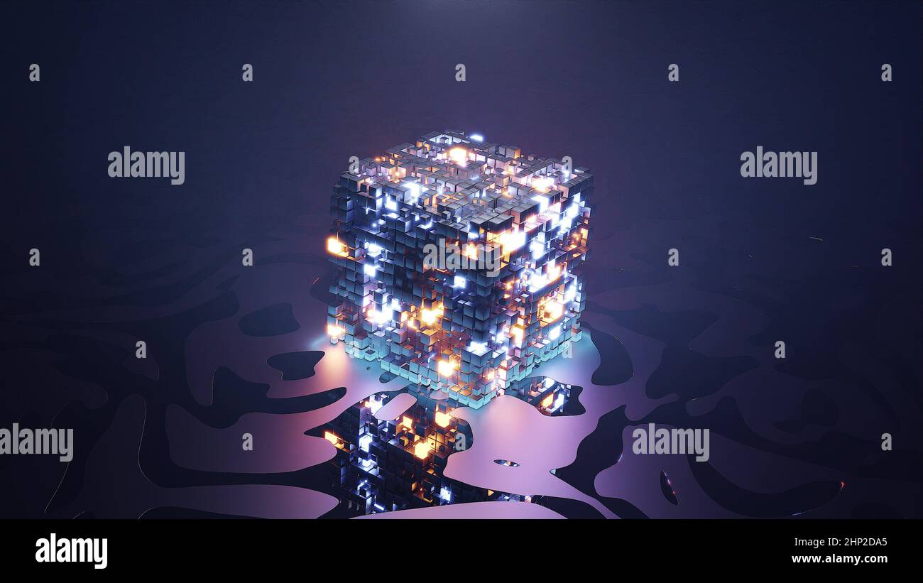 Surreal cube with neon lamps 4K UHD 3D illustration Stock Photo - Alamy