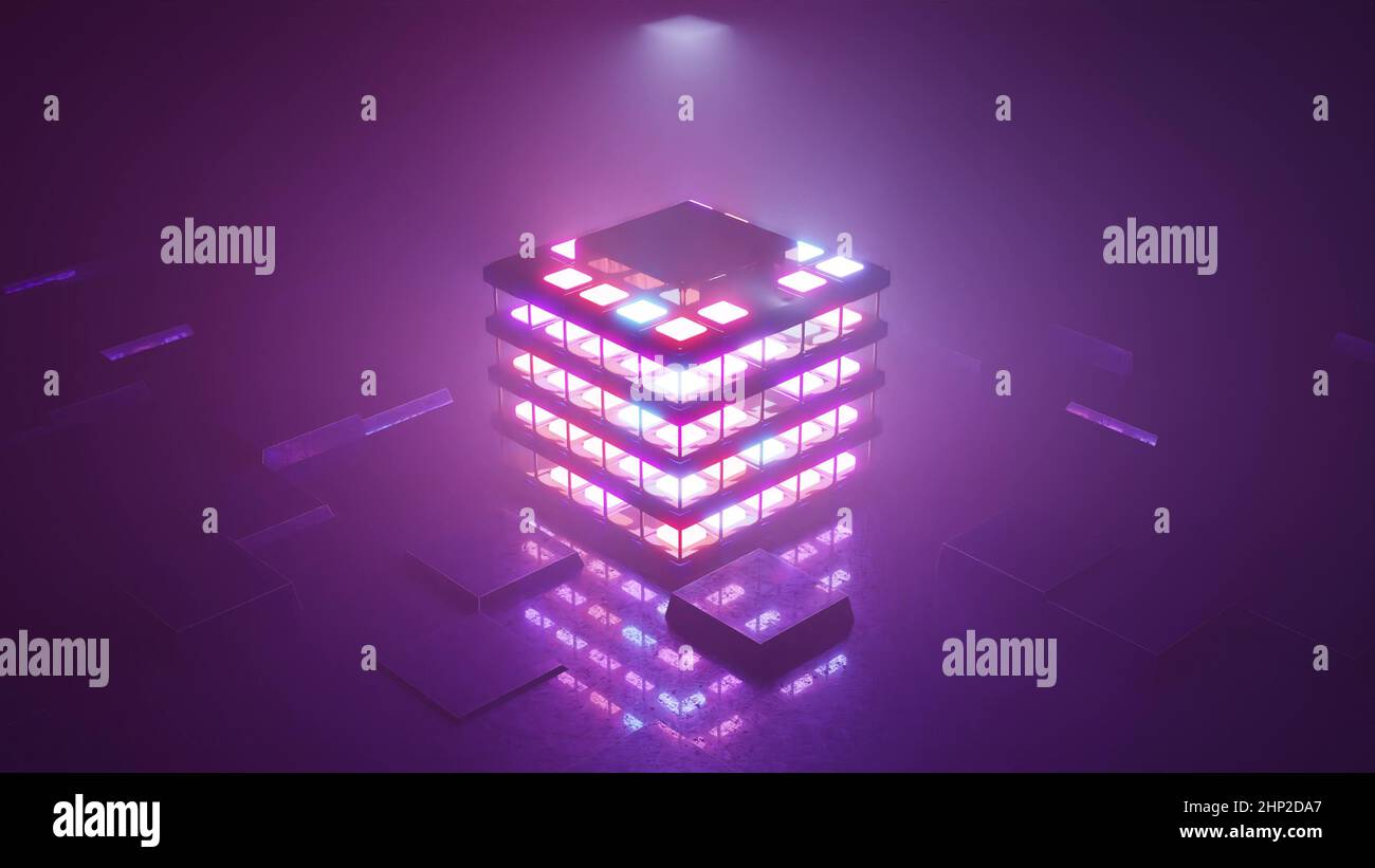 Neon cube in sci fi room 4K UHD 3D illustration Stock Photo - Alamy