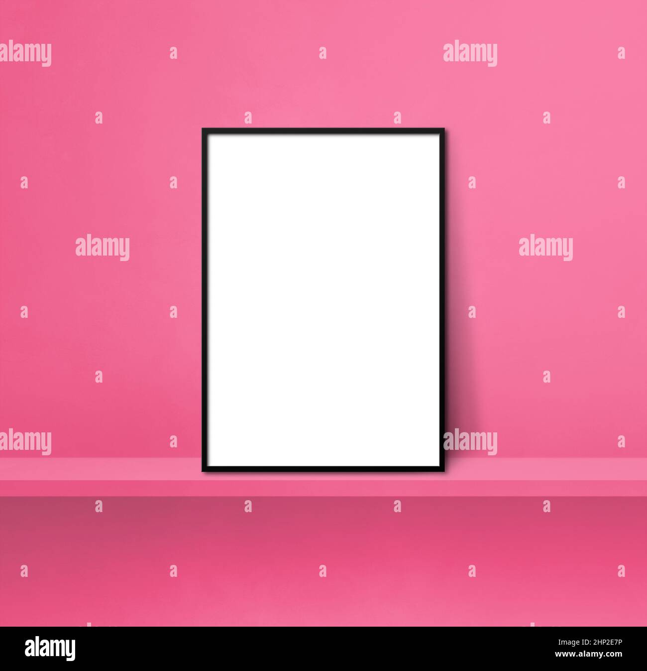 Black picture frame leaning on a pink shelf. 3d illustration. Blank ...