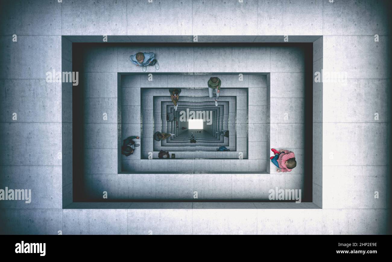 multi-level floors with people and hole in the center. 3d render models ...