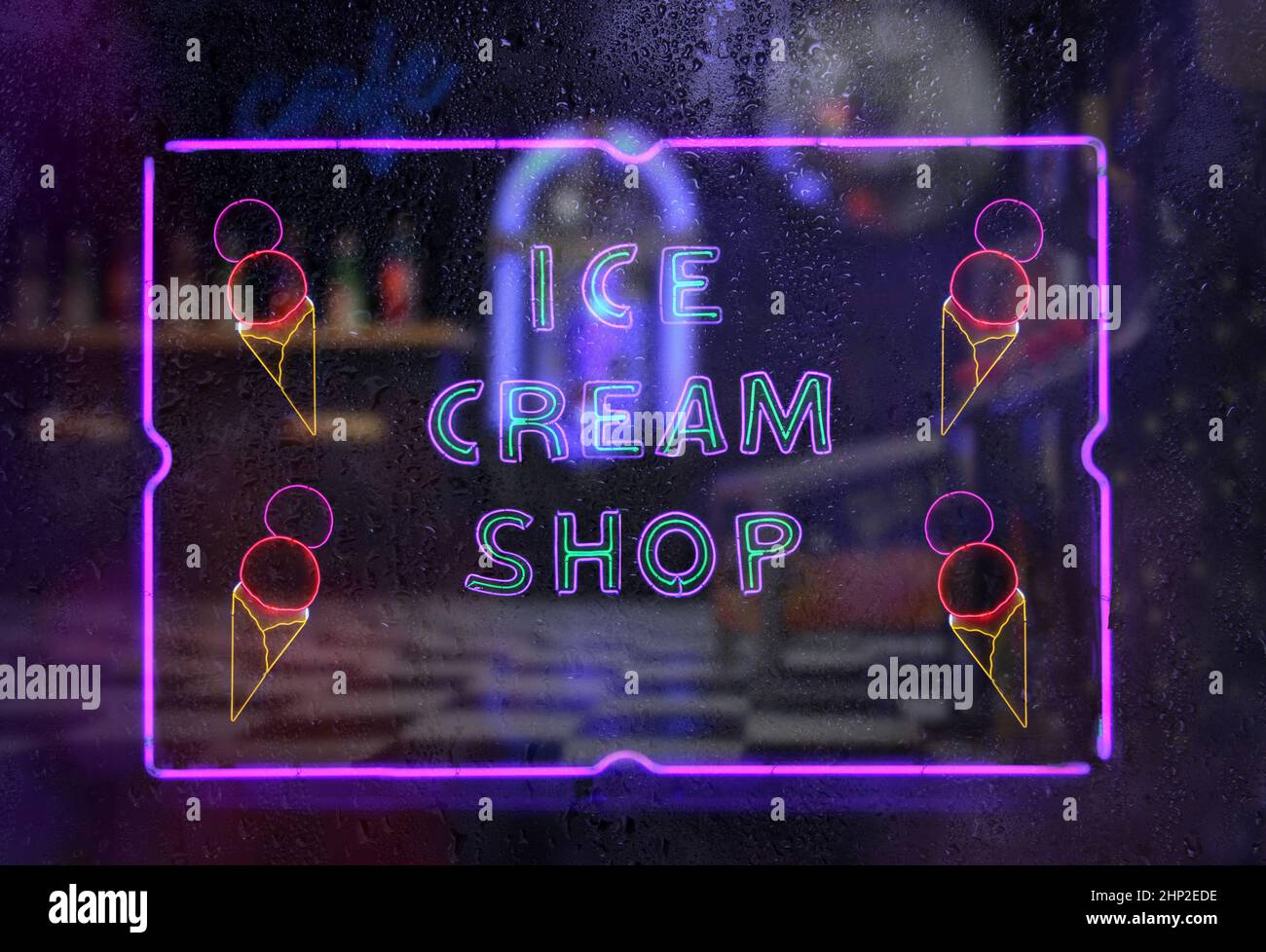 Neon Ice Cream Shop Sign in Rainy Wet Window Stock Photo - Alamy