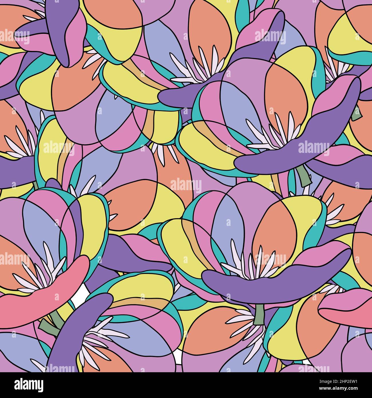 Spring colorful vector illustration with rainbow tulips. Cartoon style ...