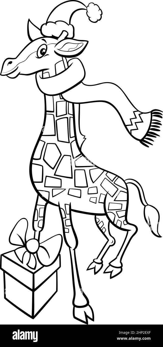 cartoon giraffe on Christmas time coloring book page Stock Vector Image ...