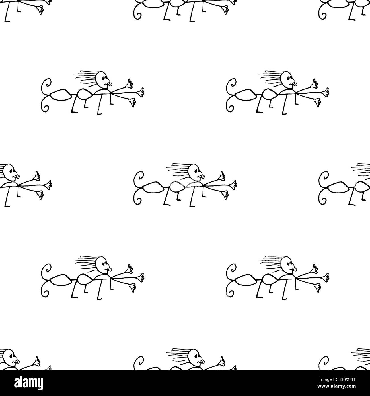 Black and white sketchy style pencil drawing weird funny monster motif ...