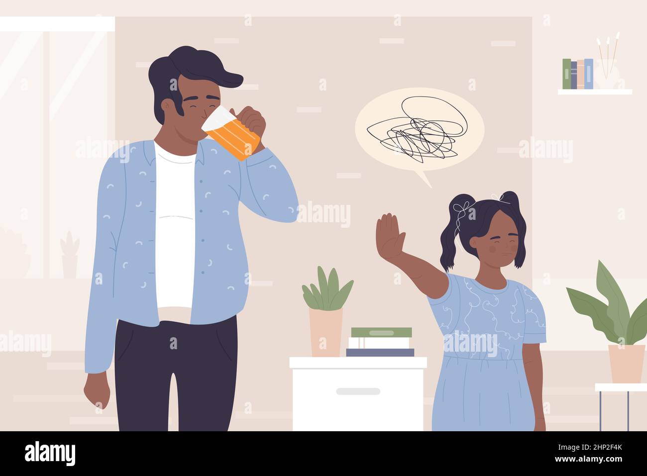Angry girl showing stop gesture to father drinking beer vector ...