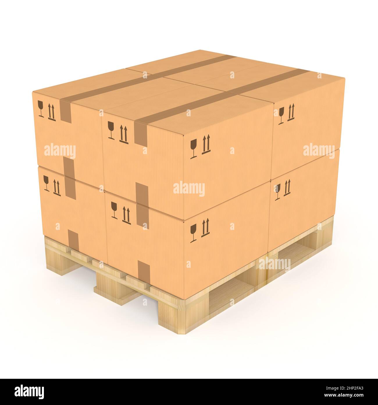 Stack of brown cardboard boxes on a wooden pallet. Isolated on white ...