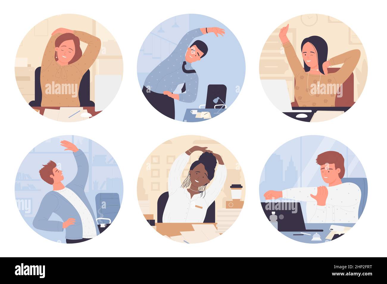 Workout in office, people doing exercise during work break in round ...