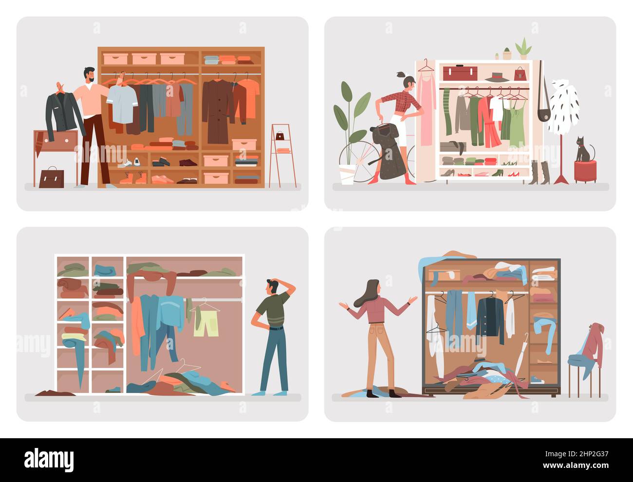 Wardrobe with clothes and people set vector illustration. Cartoon woman ...