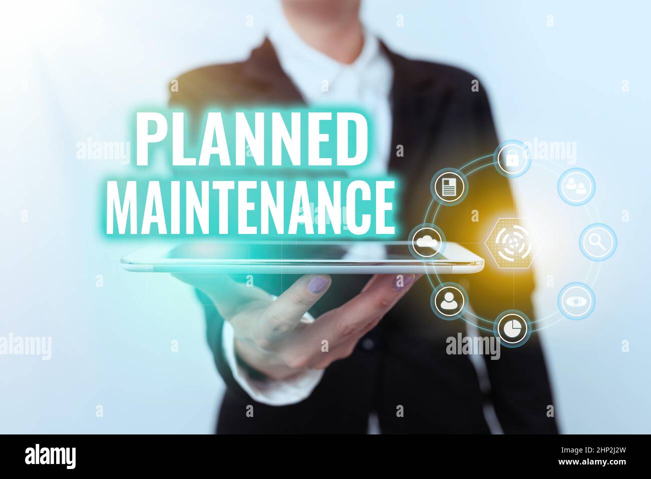 Sign displaying Planned Maintenance, Word for Check ups to be done ...