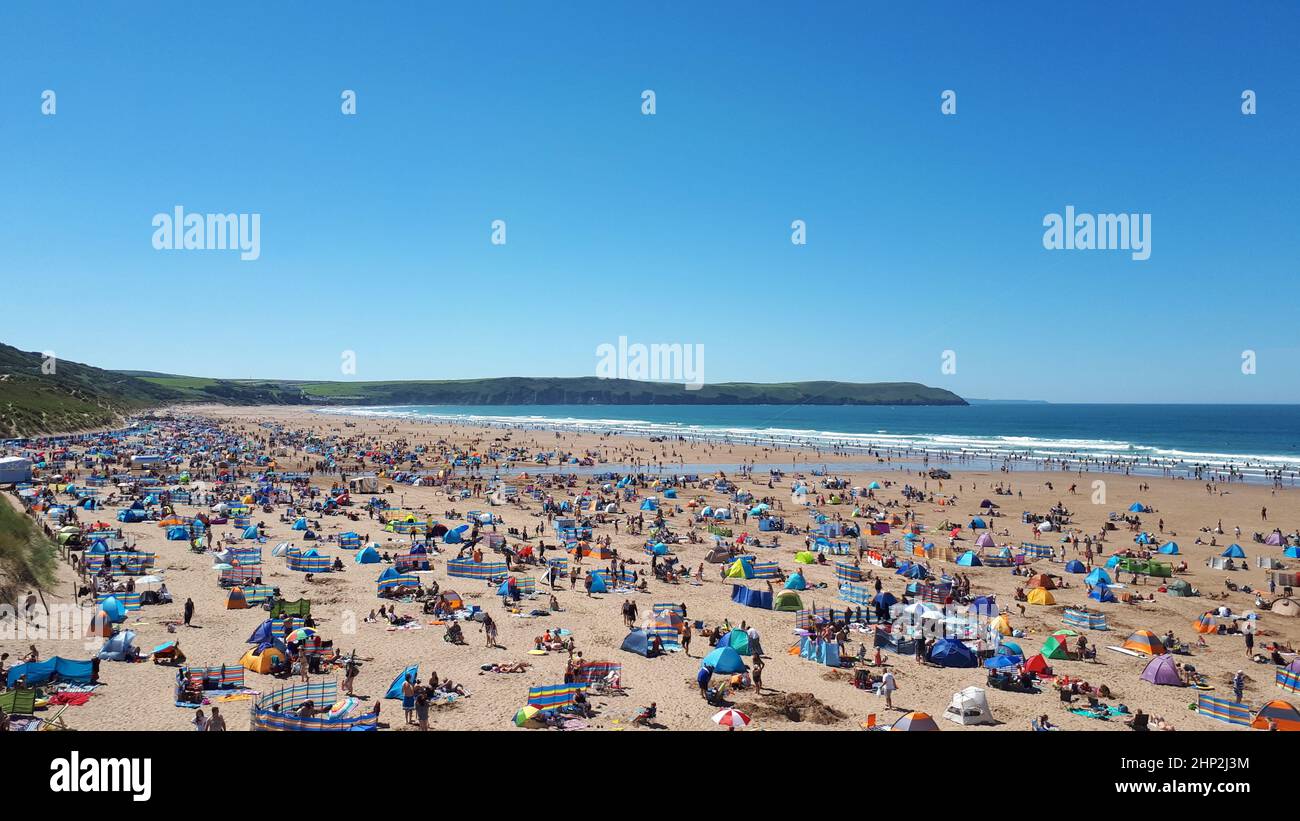 Woolacombe Beach full of people in the summer, North Devon Stock Photo ...
