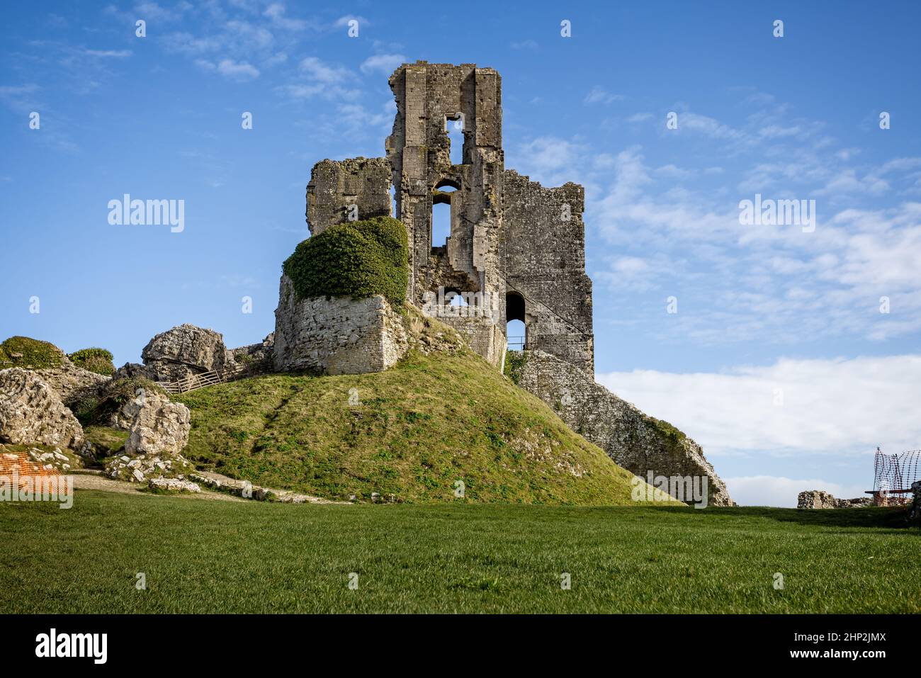 Low level view of the Keep of Corfe Castle seen from inside the castle ...