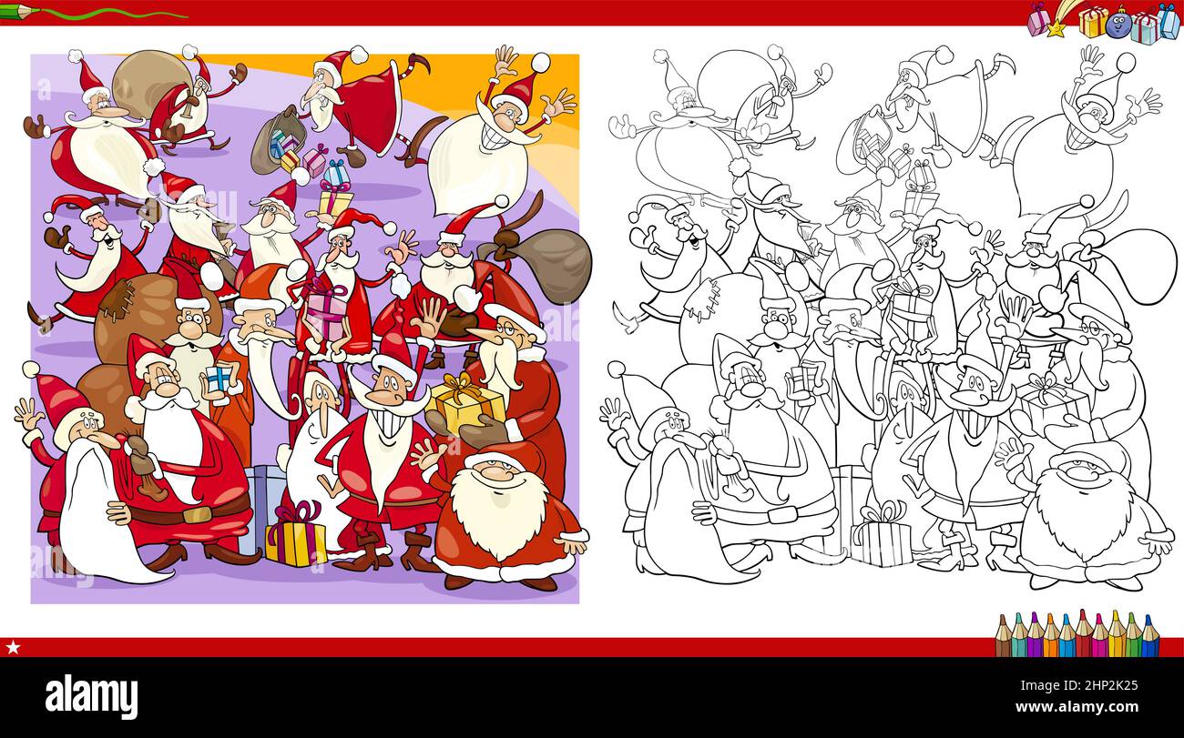 Santa Claus big group on Christmas time coloring book page Stock Vector ...