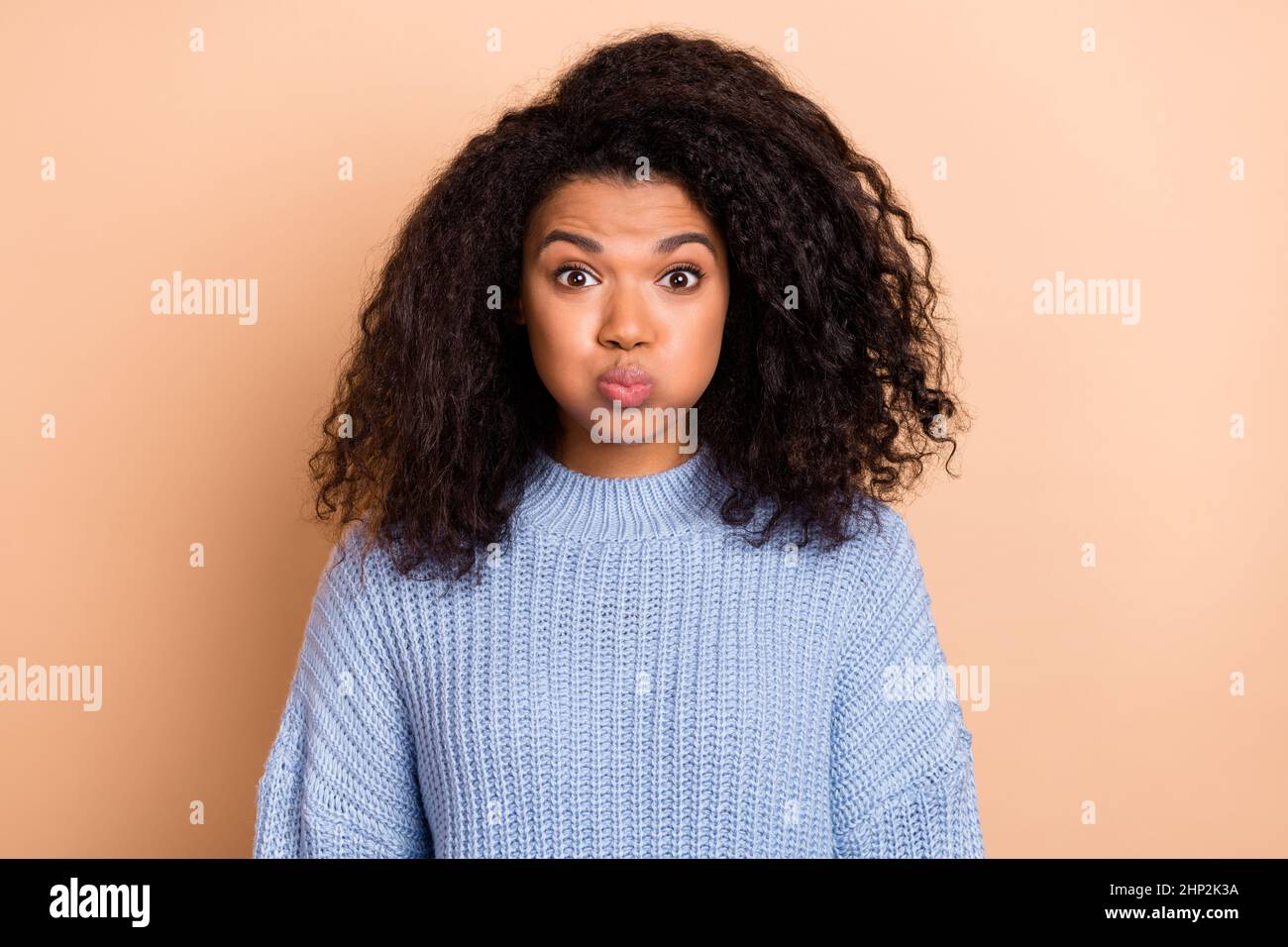 Photo of young adorable woman have fun pouted cheeks fooling silly ...