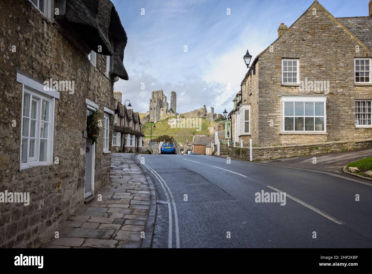 View along East Street towards Corfe castle in Corfe, Dorset, UK on 18 ...