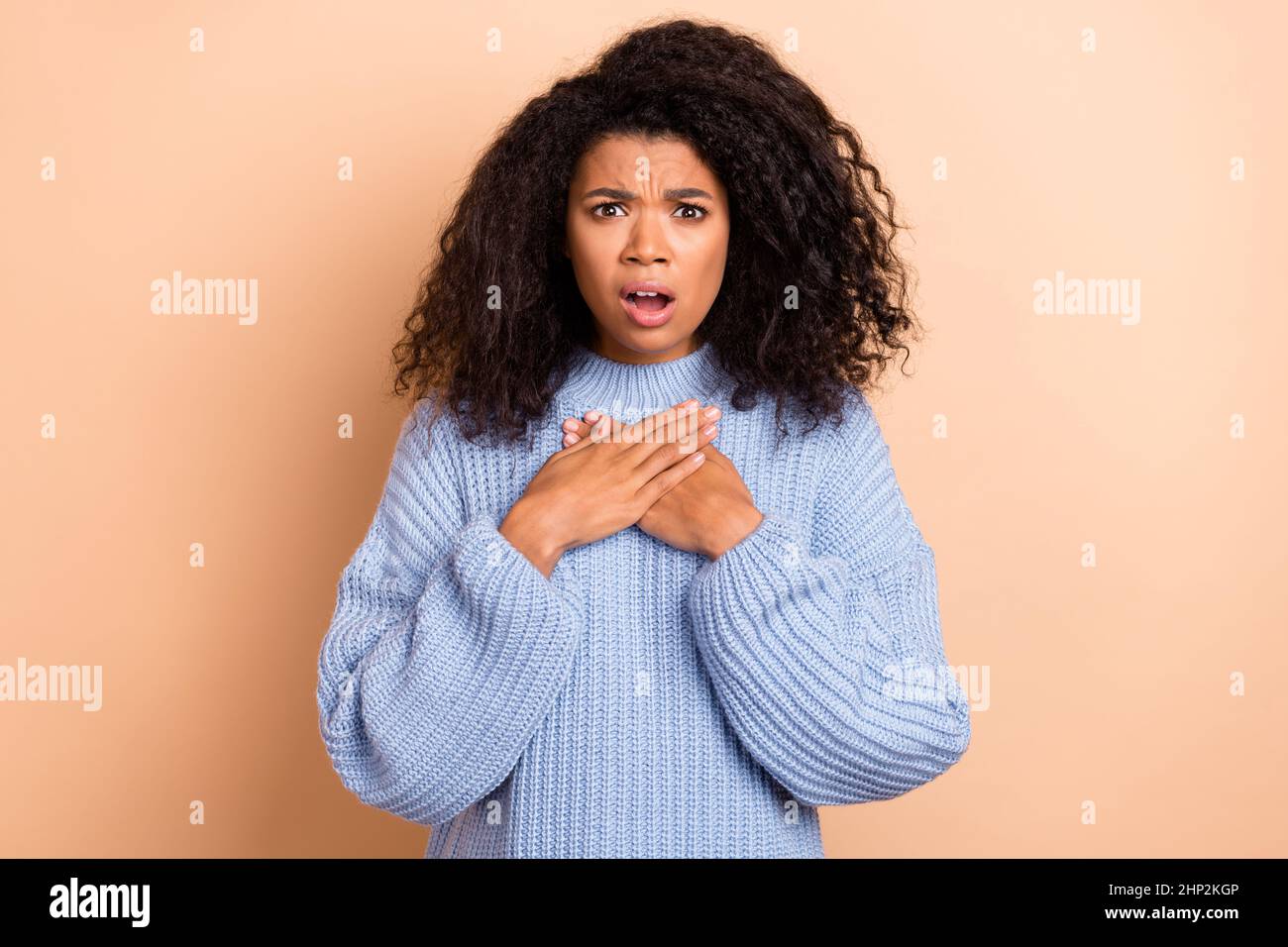 Photo of young woman afraid scared mistake trouble panic frightened ...