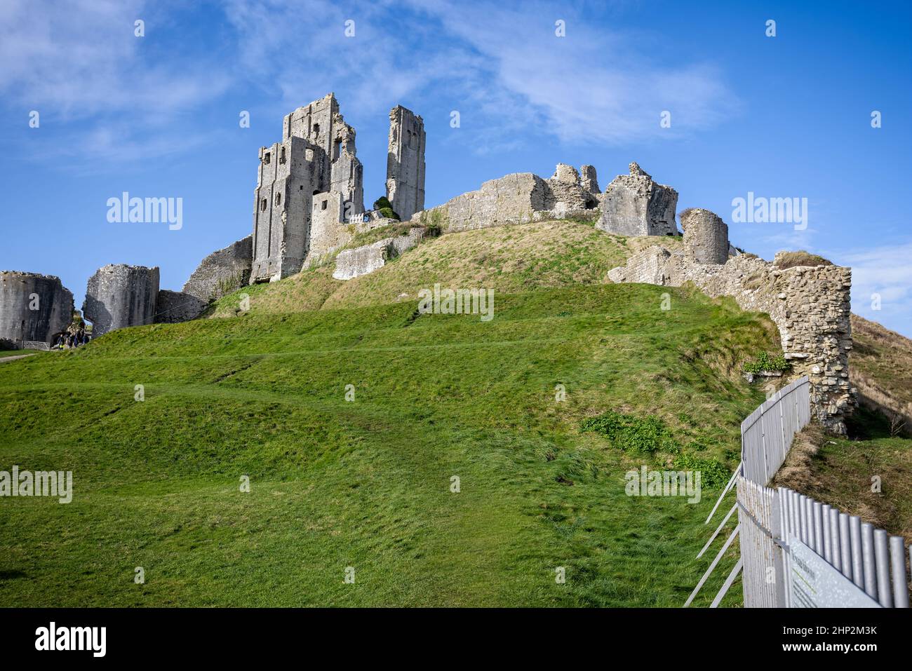 View looking up at the Keep of Corfe Castle seen from inside the castle ...