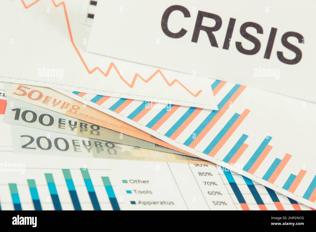 Inscription crisis, currencies euro and downward graphs representing ...