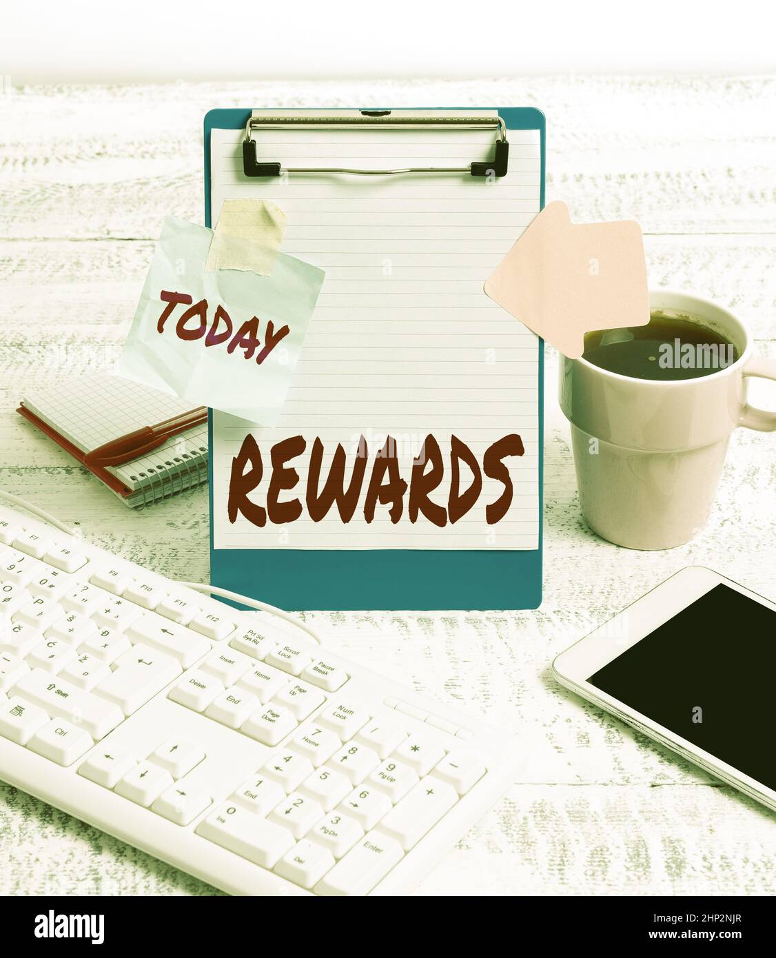 Text showing inspiration Rewards, Word for Given in recognition of ...