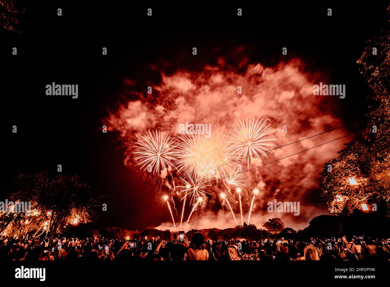Crowd watching fireworks happy people see to firework at night hi-res ...