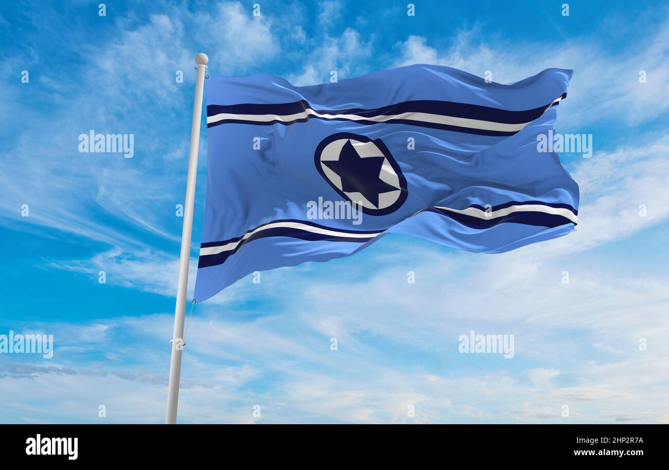 flag of Air Force Ensign , Israel at cloudy sky background on sunset ...
