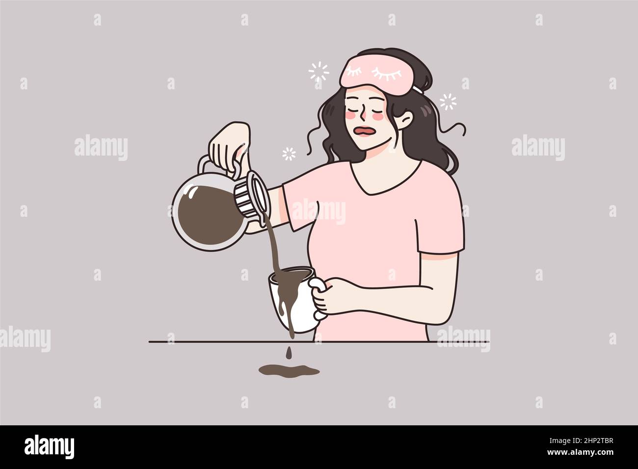 Sleepy tired young woman make coffee in morning feel fatigue after ...