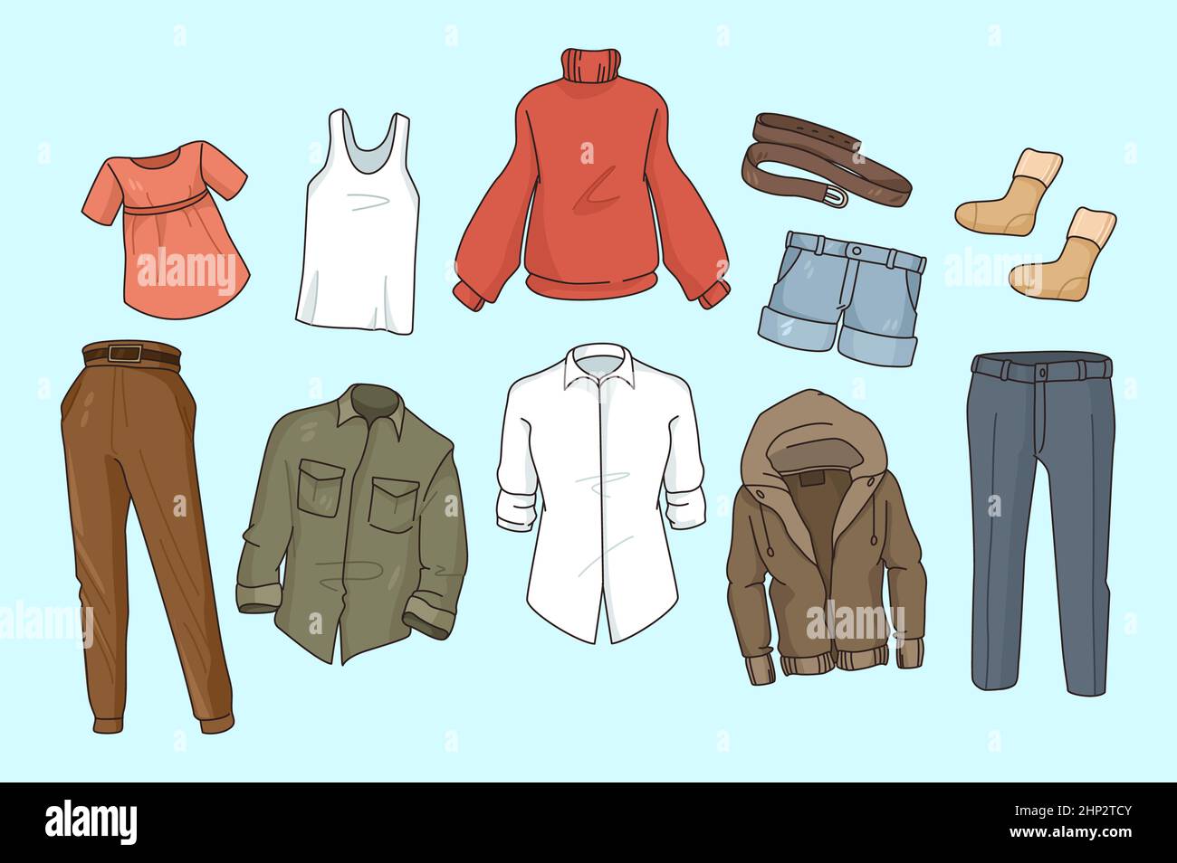 Collection of various men and women clothing pieces. Set of different ...