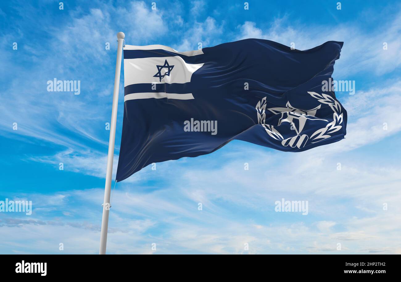 flag of Chief Police , Israel at cloudy sky background on sunset ...