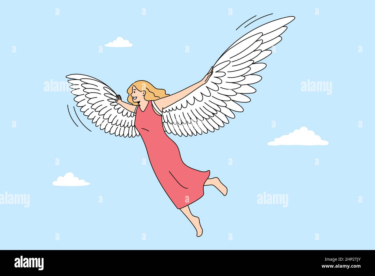 Freedom imagination and flight concept. Smiling blonde woman barefoot ...