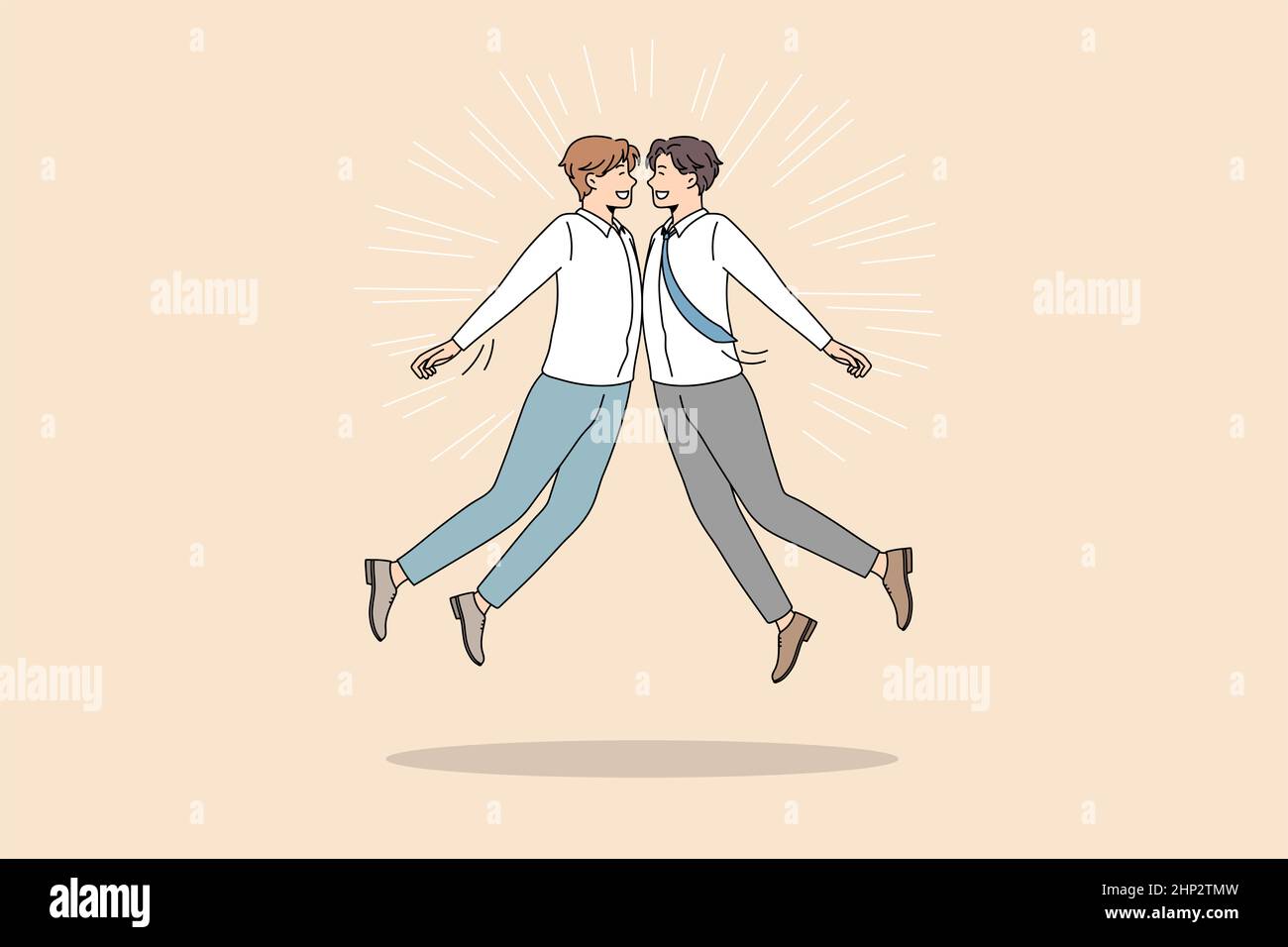 Teamwork collaboration and success concept. Two men colleagues jumping ...