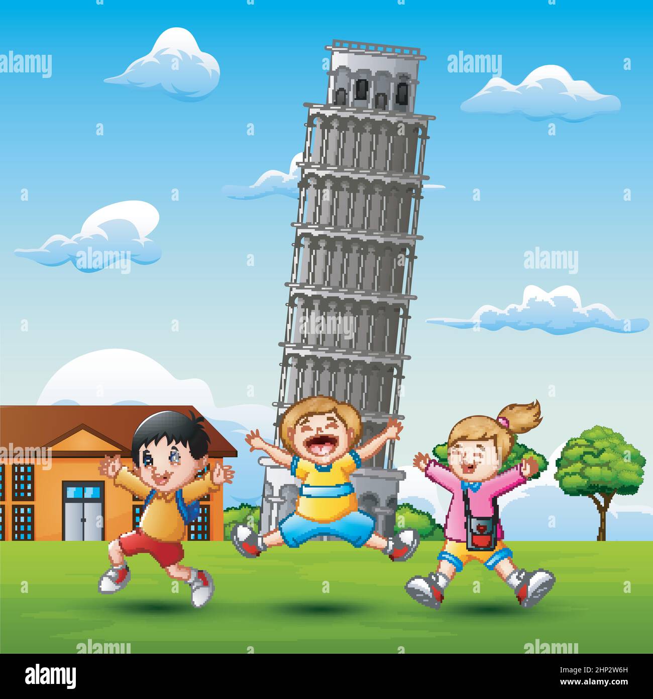 Cartoon happy kids in front of pisa tower background Stock Vector Image ...