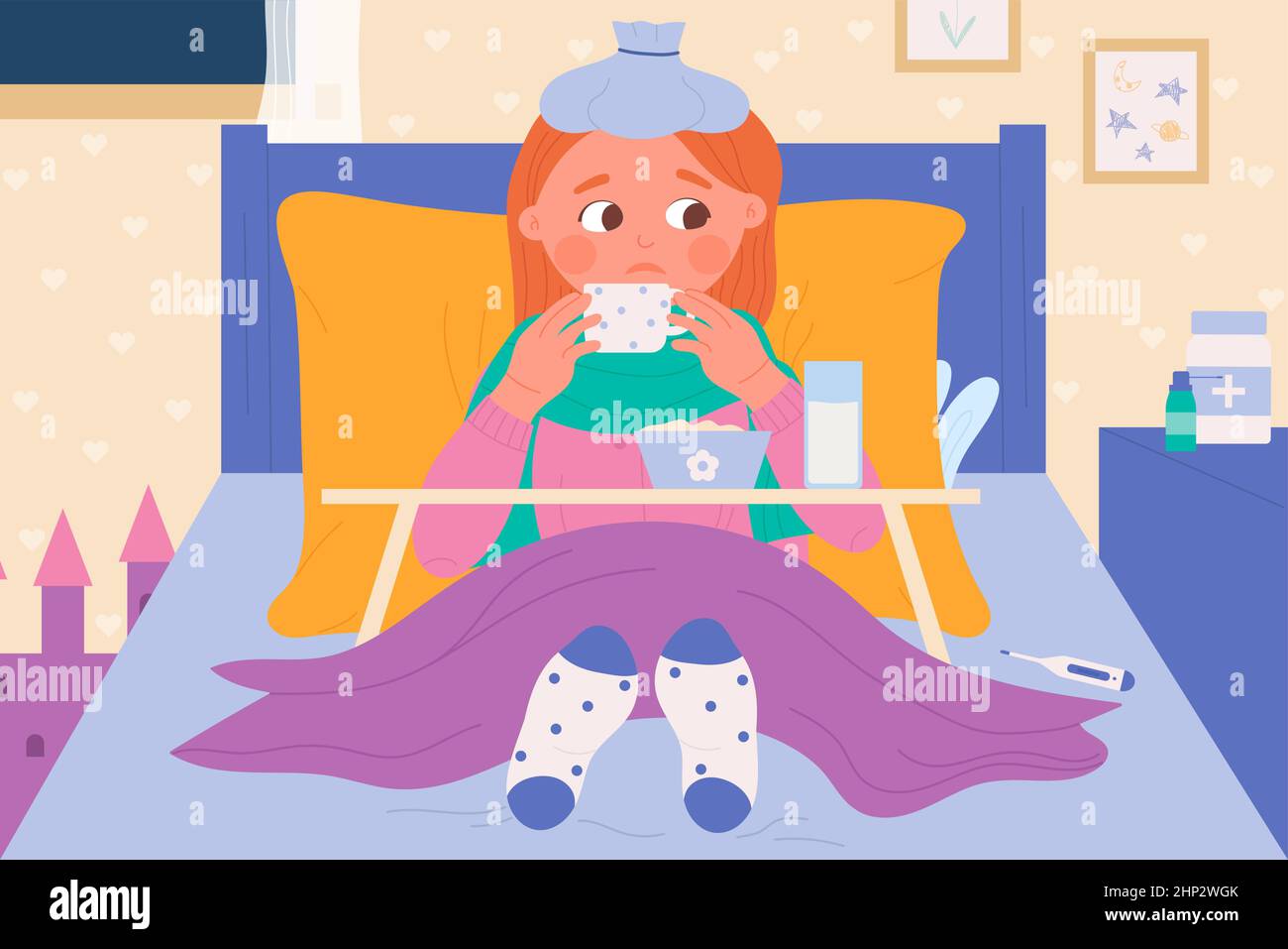 Sick child lying in bed with compress on head vector illustration ...