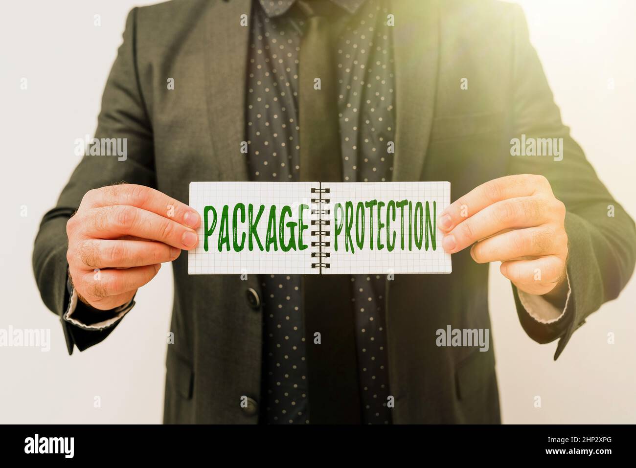 Sign displaying Package Protection, Business overview Wrapping and ...